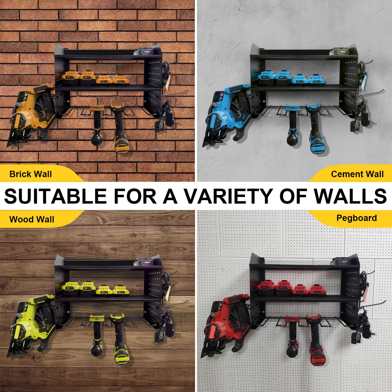 Havenfly Power Tool Organizer Wall Mount with Power Strip, 6 Drill Holder, Heavy Duty Metal Drill Storage Shelf with 8 Hooks, 3 Layer Storage Shelf with 2 Side Pegboards, Ideal Gifts for Men