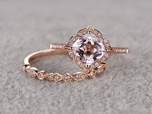 2pcs Morganite Bridal Ring Set,Engagement Ring Rose Gold,Diamond Wedding Band,14k,7mm Cushion Cut,Promise Ring,Retro Vintage Floral,Art Deco