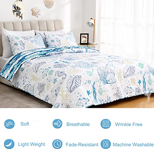FRAMICS 3-Piece King Size Reversible Quilt Set Summer Quilt Lightweight Ocean Quilts Beach Bedspread Coverlet Blue Coral Conch Seashell Coastal Bedding for All Season(1 Quilt, 2 Pillow Shams)