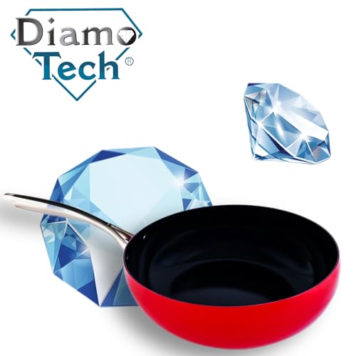 DiamoTech Diamond Ceramic Coated Nonstick Wok, Healthy Cooking, Utensil Safe, 100% PTFE/PFOA/PFOS Free, Ultra-Durable Coating, Ergonomic Handle (Red, 12" Wok)