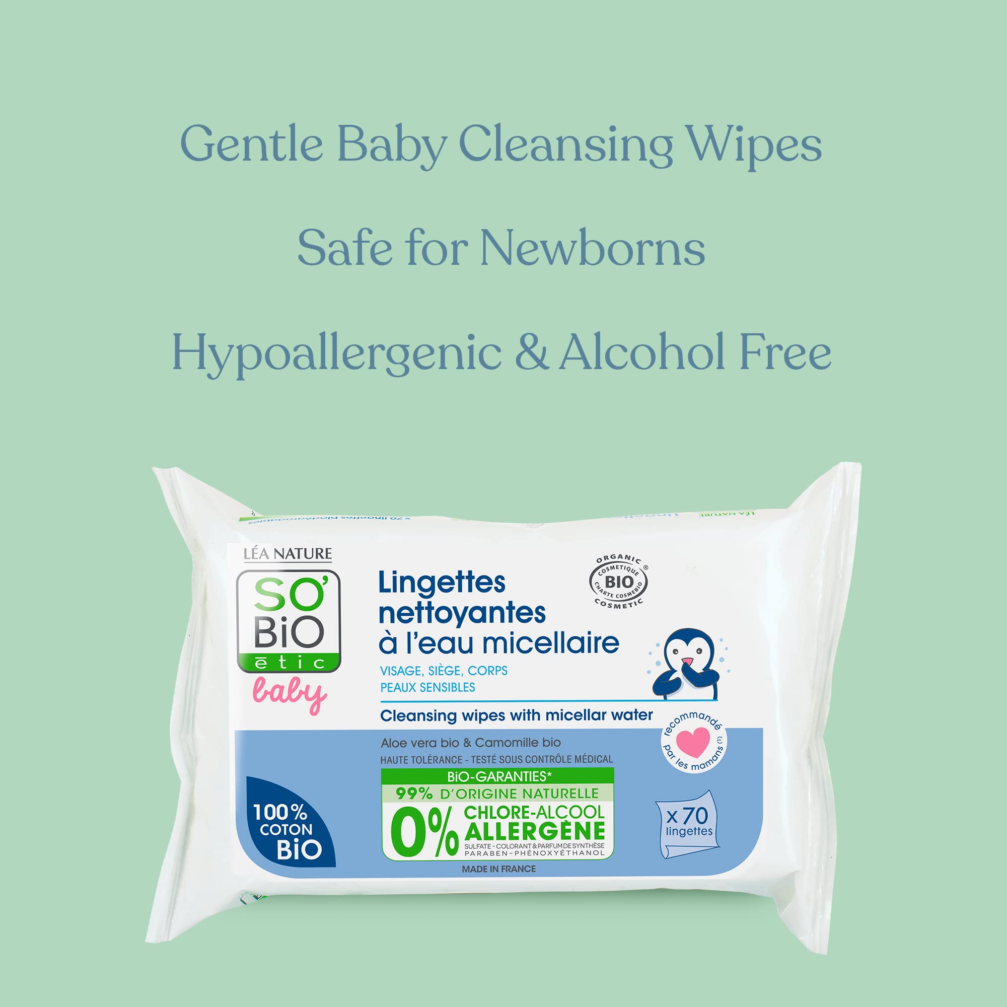 SO'BiO étic | Baby Cleansing Wipes | Organic & Biodegradable Micellar Water Wet Wipe Skin Cleanser for Newborn, Infant, Toddler | 70 Wipes