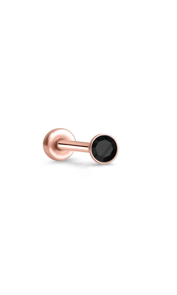 316 Stainless Steel Rose Gold-Tone Threadless Push Pin Nose Ring Labret Monroe Stud 1.5mm Glued Black CZ 20G