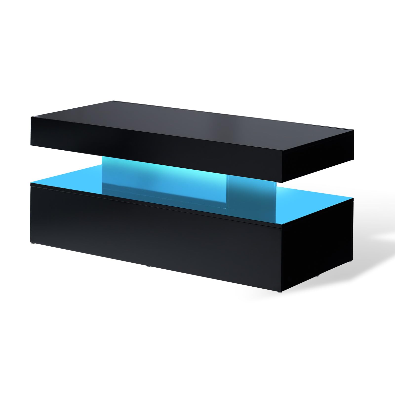 AMERLIFE High Gloss LED Coffee Table, Modern 2-Tier Center Table with LED Lights, Open Storage Space, 40in Simple Rectangular Sofa Side Table for Living Room, Black