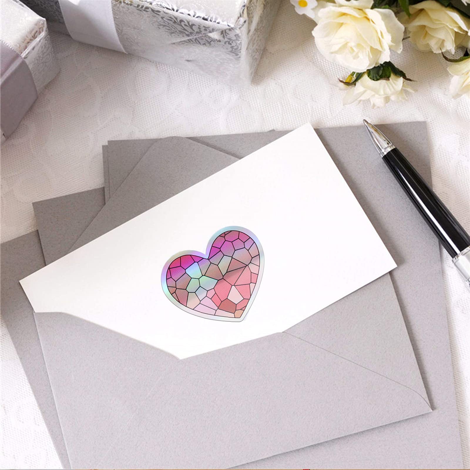 Mercei Heart Stickers with Stained Glass Background and Silver Holographic Frame, 1.5 inch Small Heart Shaped Adhensive Sticker Labels in a Roll, Decorative or Seal in Business and Personal Package