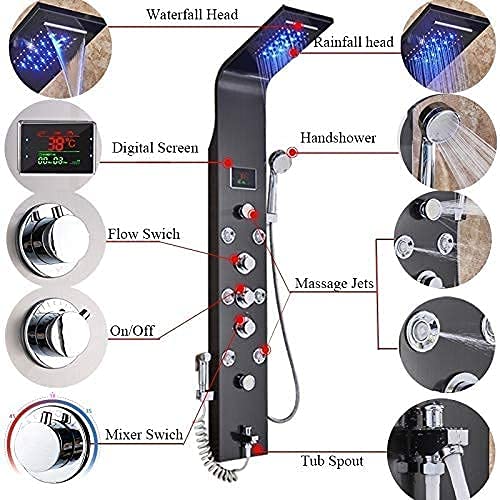 AlenArt Wall Mount Stainless Steel LED Shower Panel Tower System, Rainfall Waterfall Shower Head, Hydroelectricity Display with Massage Jets,Black