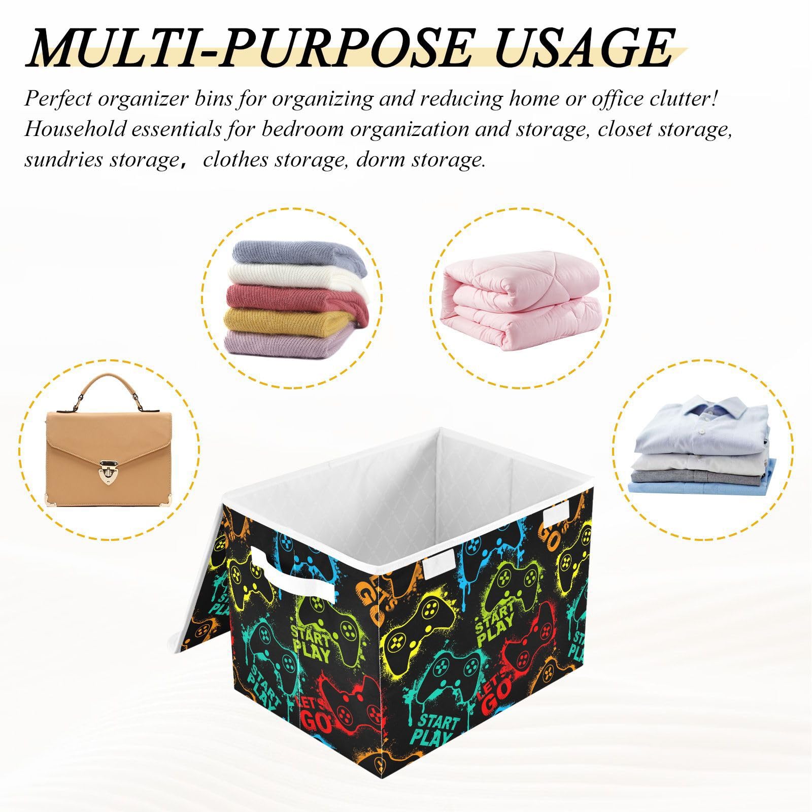 Sletend Gamer Gaming Gamepad Pattern Lidded Home Storage Bins Closet Storage Bins, Foldable Oxford Fabric Storage Box for Home Bedroom Closet Office (16.5x12.6x11.8 in)
