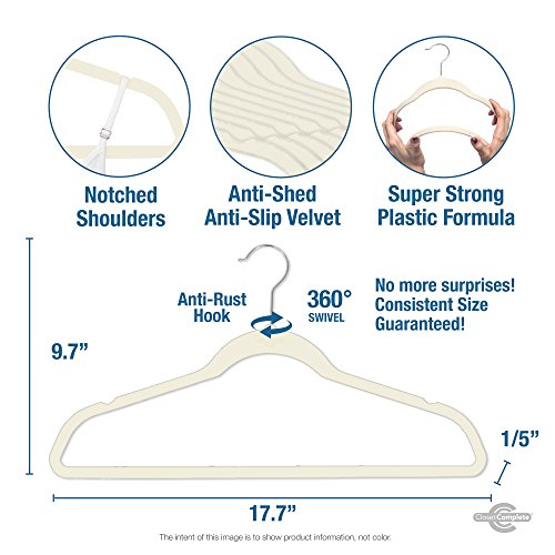 Closet Complete 71634 Supreme Quality, Heavyweight, 85-Gram, Virtually-Unbreakable Velvet, Ultra-Thin, Space Saving, No-Slip Suit Hangers, 360° Spinning Rose Gold Hooks, 50, Ivory, 50 Count