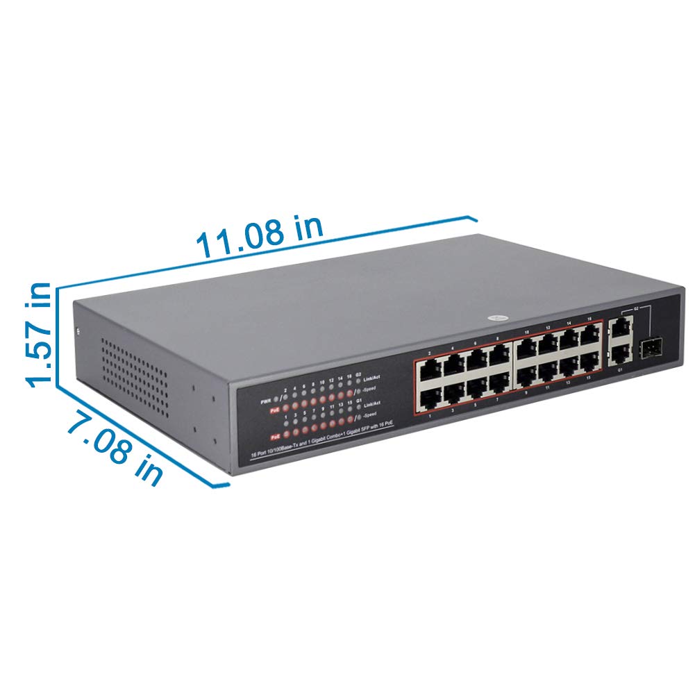 Ethernet PoE Switch with 2 Gigabit RJ45 Uplink and 1 SFP Port,16 10/100M PoE Ports Network-Switches Unmanaged 250W IEEE 802.3af Compliant