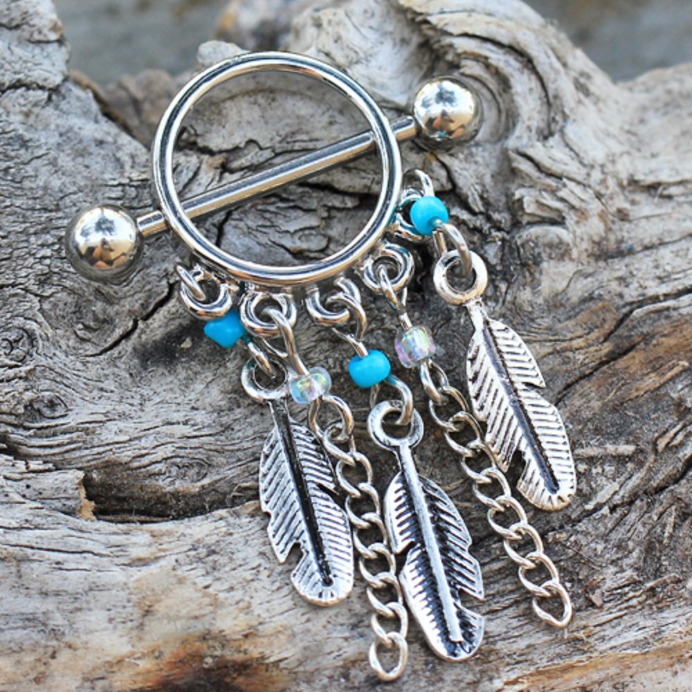 316L Surgical Steel Turquoise Beads Feather Dangle WildKlass Nipple Shield