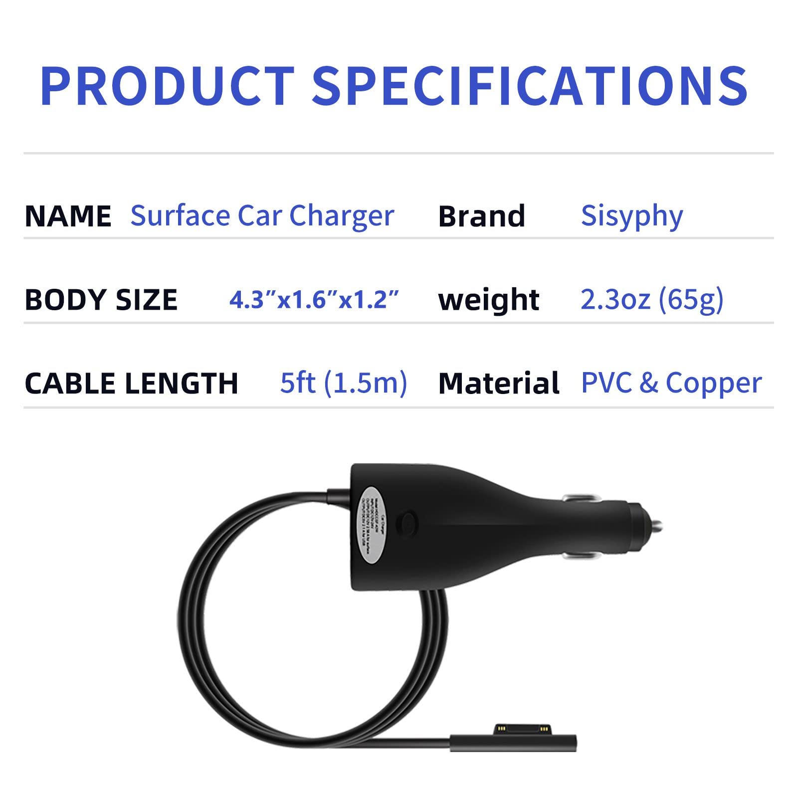 Sisyphy Surface Car Charger with USB Charging Port, Total 42W 12V 2.58A Power Supply, Compatible for Microsoft Surface Pro7 + Plus Pro6 Pro5~3 Surface Go 1/2 Laptop 1/2/3 Surface Book