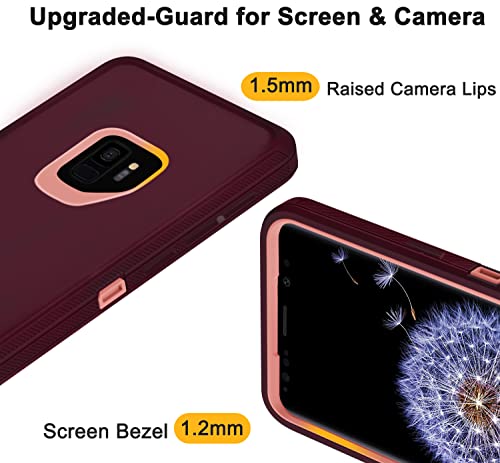 Annymall for Samsung Galaxy S9 Case with Screen Protector, Full Body Heavy Duty Shockproof Drop-Proof Phone Case Rugged Triple-Layer Defender Protective Cover for Samsung Galaxy S9 (Wine/Pink)