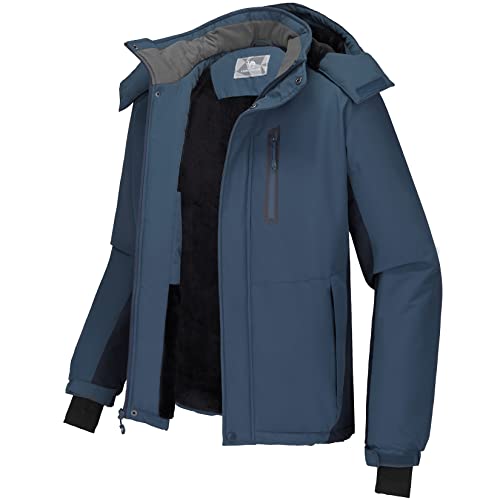 CAMEL CROWN Men's Mountain Snow Waterproof Ski Jacket Detachable Hood Windproof Fleece Parka Rain Jacket Winter Coat Gray Blue X-Large