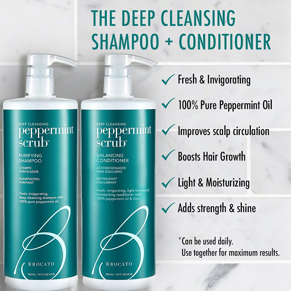 Brocato Peppermint Scrub Purifying Shampoo: Lightweight with Pure Peppermint Oil, Ideal for Oily to Normal Hair Types - Sulfate & Paraben Free, 32oz