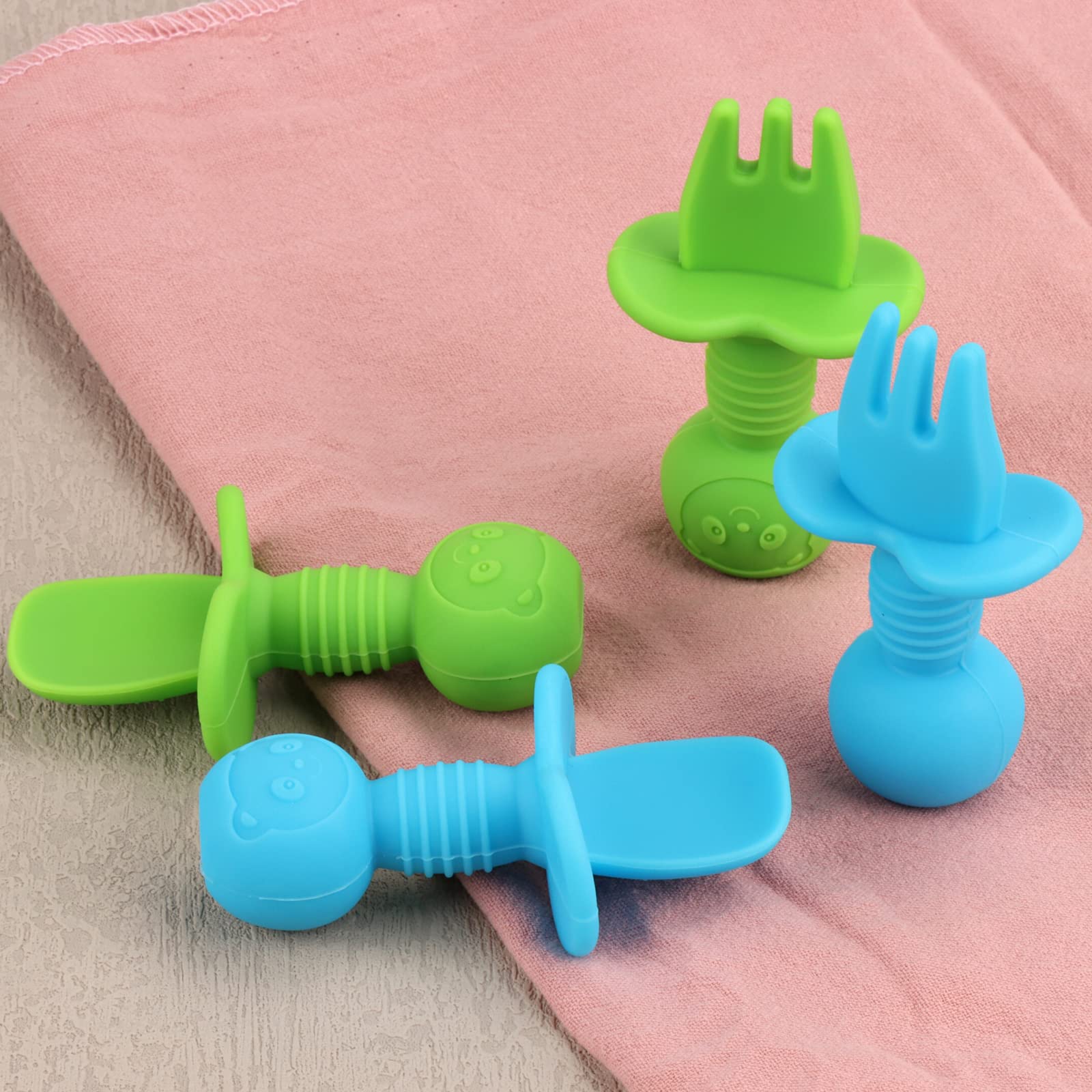4 Pack Silicone Baby Led Weaning Spoons and Forks, First Stage Toddler Utensils for Baby Led Weaning, Self Feeding (Green,Blue)