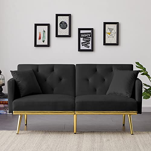 60"Convertible Folding Futon Sofa Bed with 2 Pillows and Armrest,Modern Velvet Sleeper Couch Bed with 3 Adjustable Backrests,Recliner Loveseat for Small Space,Living Room Bedroom Apartment (Black)