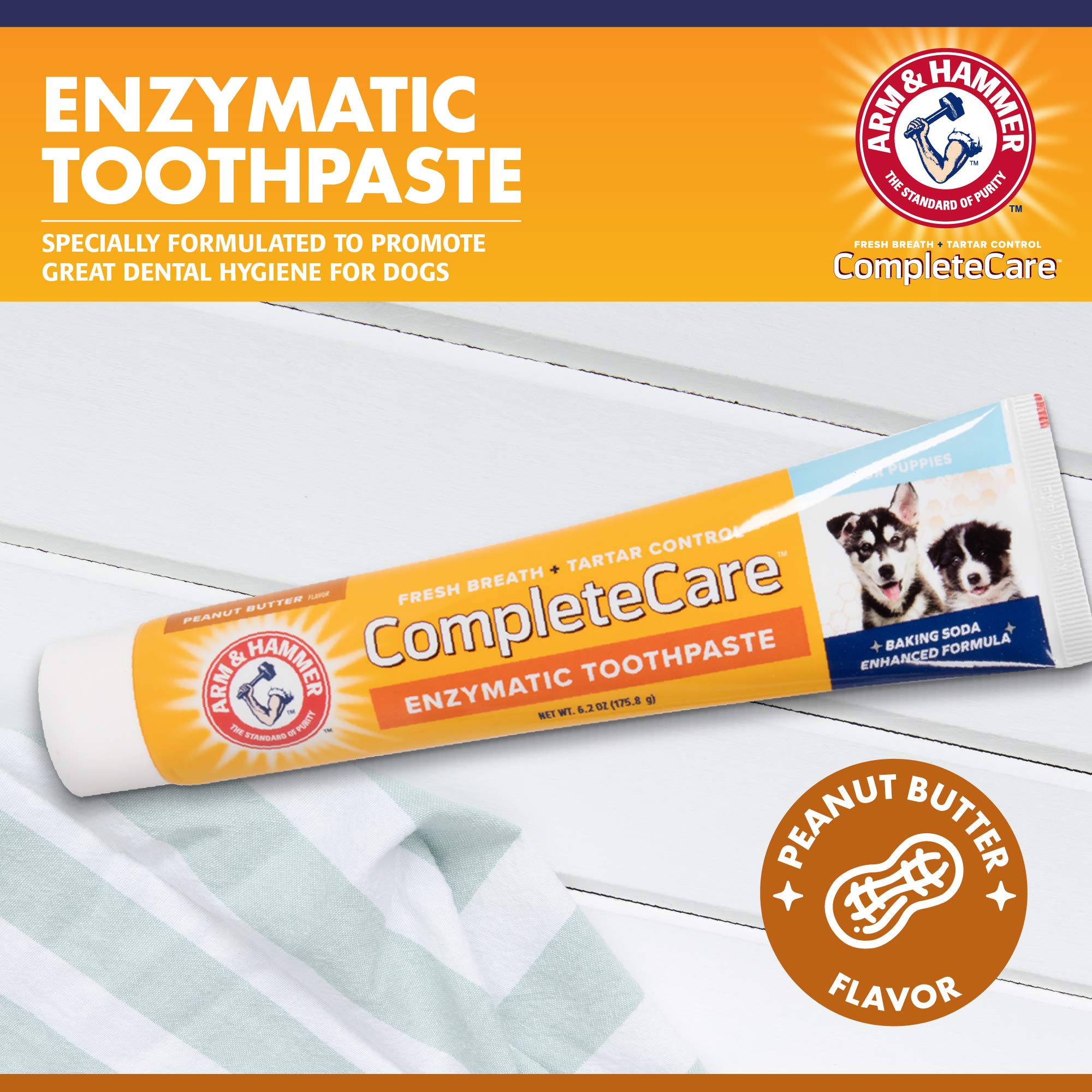 Arm & Hammer Enzymatic Dog Toothpaste - Peanut Butter Flavored Toothpaste - Baking Soda Infused Toothpaste - Complete Canine Oral Care for Fresh Breath & Dental Wellness - Doggie Toothpaste - 6.2 oz