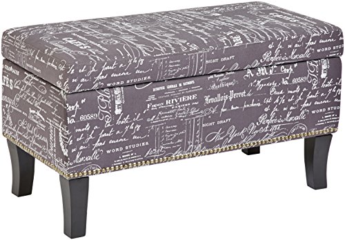 FIRST HILL FHW Endora Rectangular Fabric Storage Ottoman with Script-Style Pattern - Storm Grey