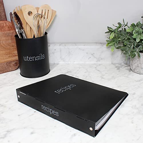 AuldHome Farmhouse Cookbook Recipe Binder (Black); Rustic Enamelware Style Metal 3-Ring Binder for Family Recipes, Custom Cookbooks and More