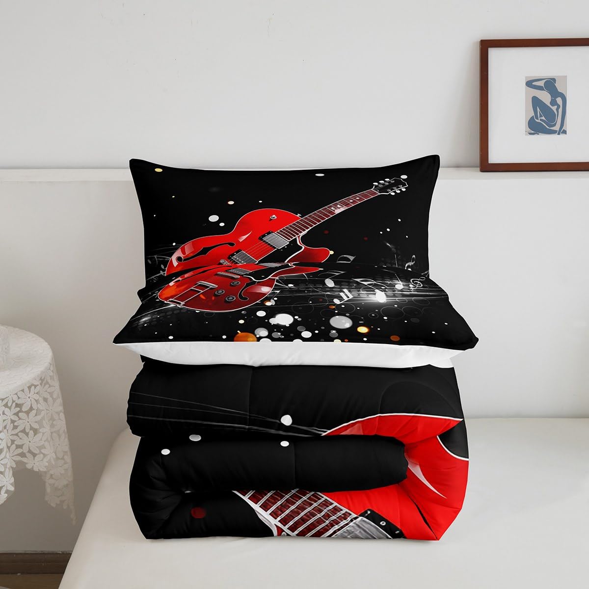 Castle Fairy Red Guitar Full Size Comforter Set Rock Music Theme Bedding Set for Kids Adults Teens Musical Instrument Comforter Luxury Music Note Quilt Set Room Decor 3Pcs