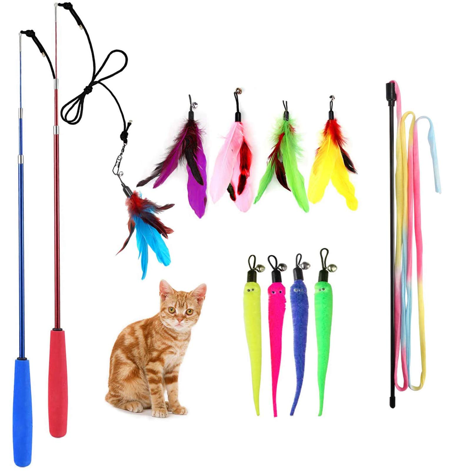 M JJYPET Retractable Cat Toys Wand,12 Packs Interactive Cat Feather Toys,9 Assorted Teaser Refills with Bell for Cat,Kitten