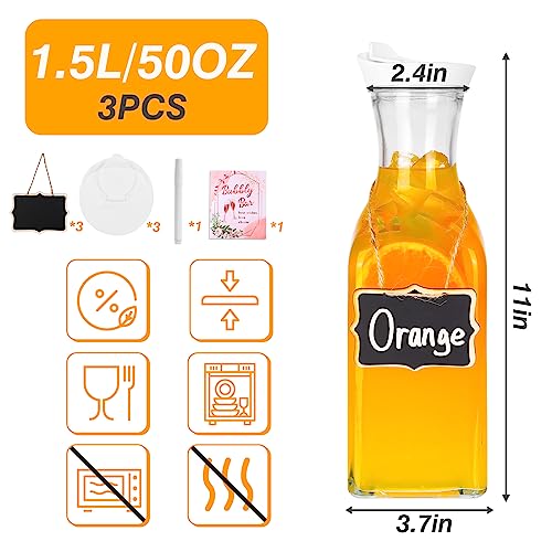CUCUMI 3pcs 50oz Glass Carafe with Lids, 1.5 Liter Glass Water Pitcher Juice Containers Beverage Jugs for Mimosa Bar, Iced Tea, Cold Beverage, Milk