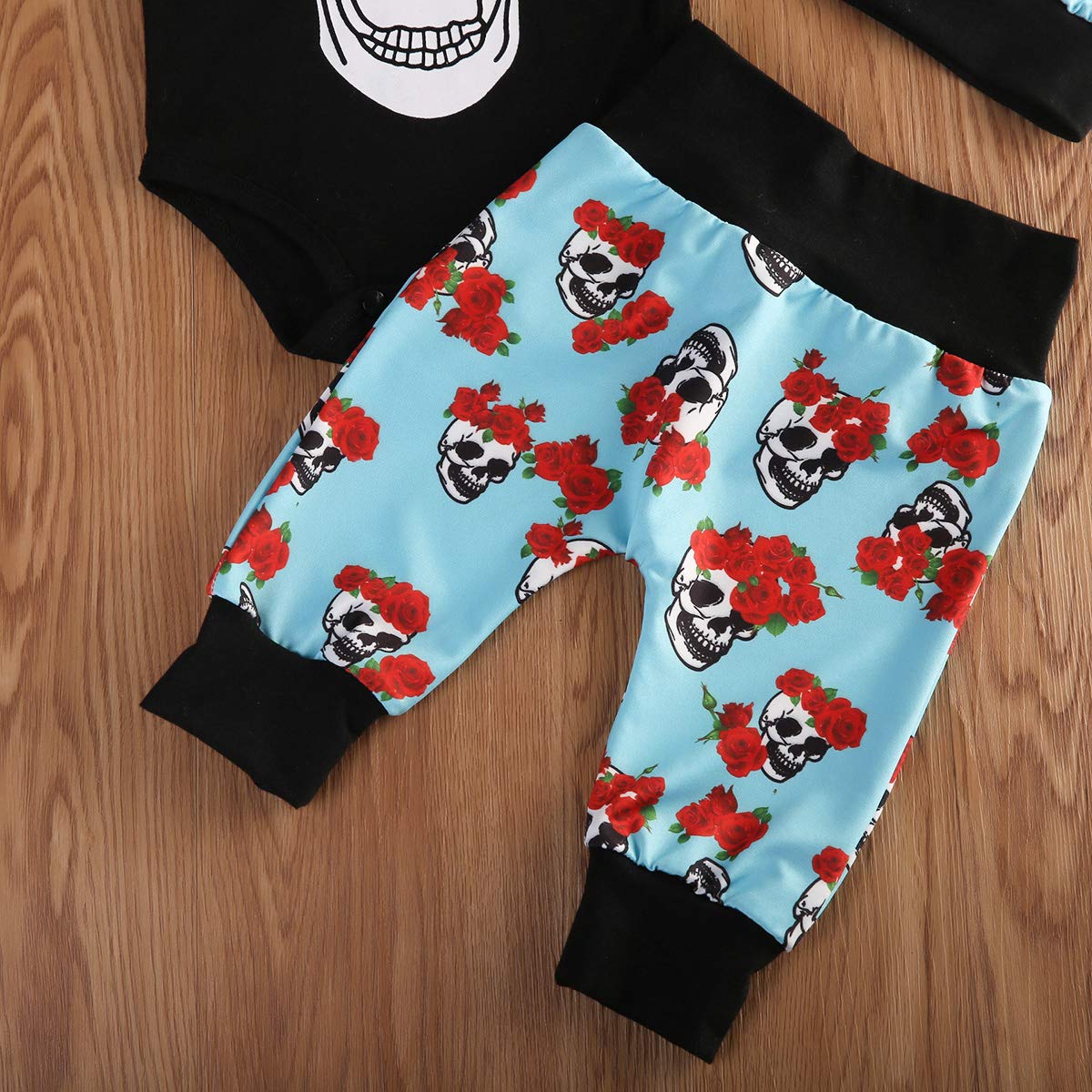 Yuemengxuan 4PCS Infant Newborn Baby Boys Girl Skull Romper+Pants+Hat+Mitten or Headband Halloween Clothes Outfit Set (Black+Blue, 0-6 Months)