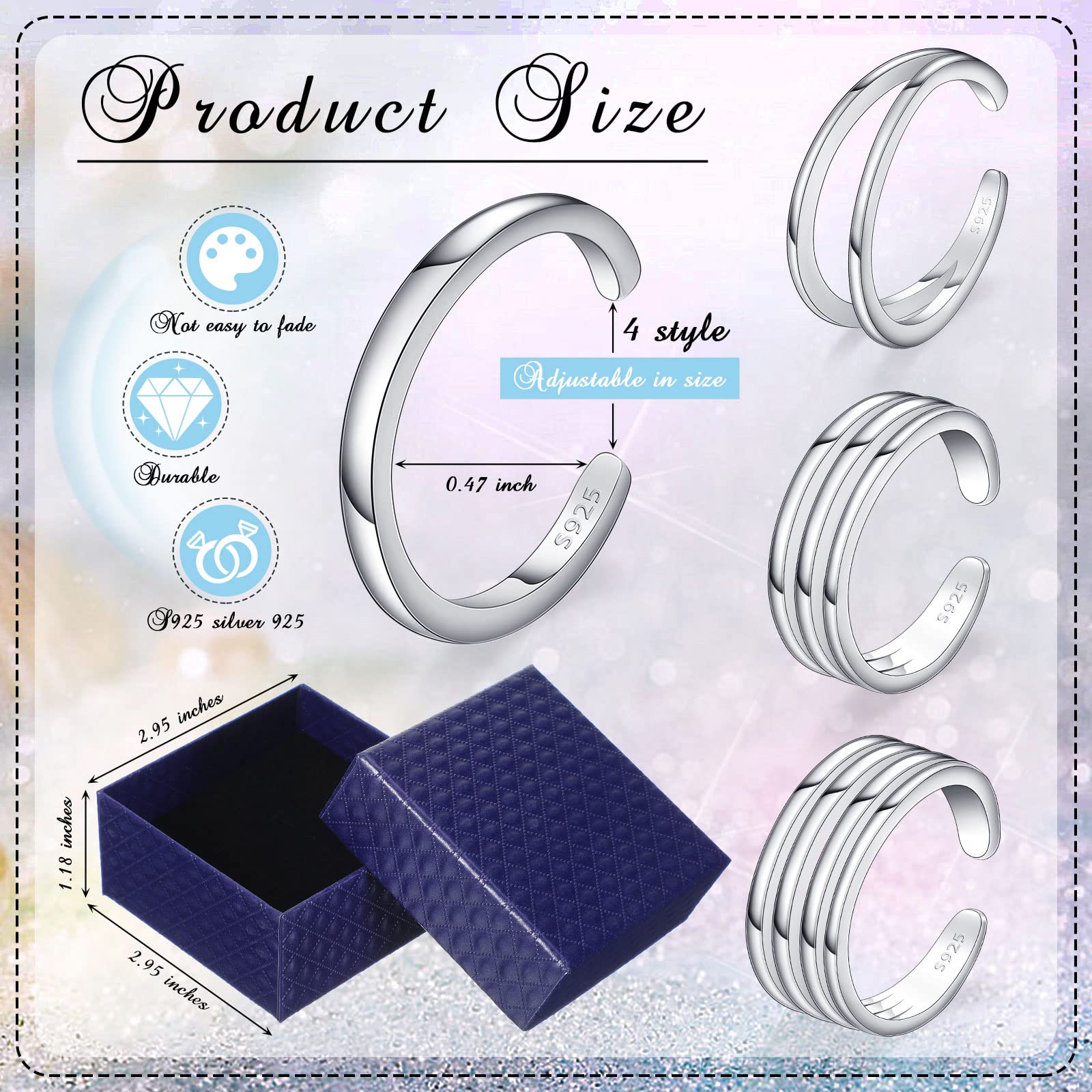 4 Pcs 925 Sterling Silver Toe Rings Set Simple Open Adjustable 925 Sterling Silver Toe Rings with 1 Jewelry Gift Box for Women Girls Gift