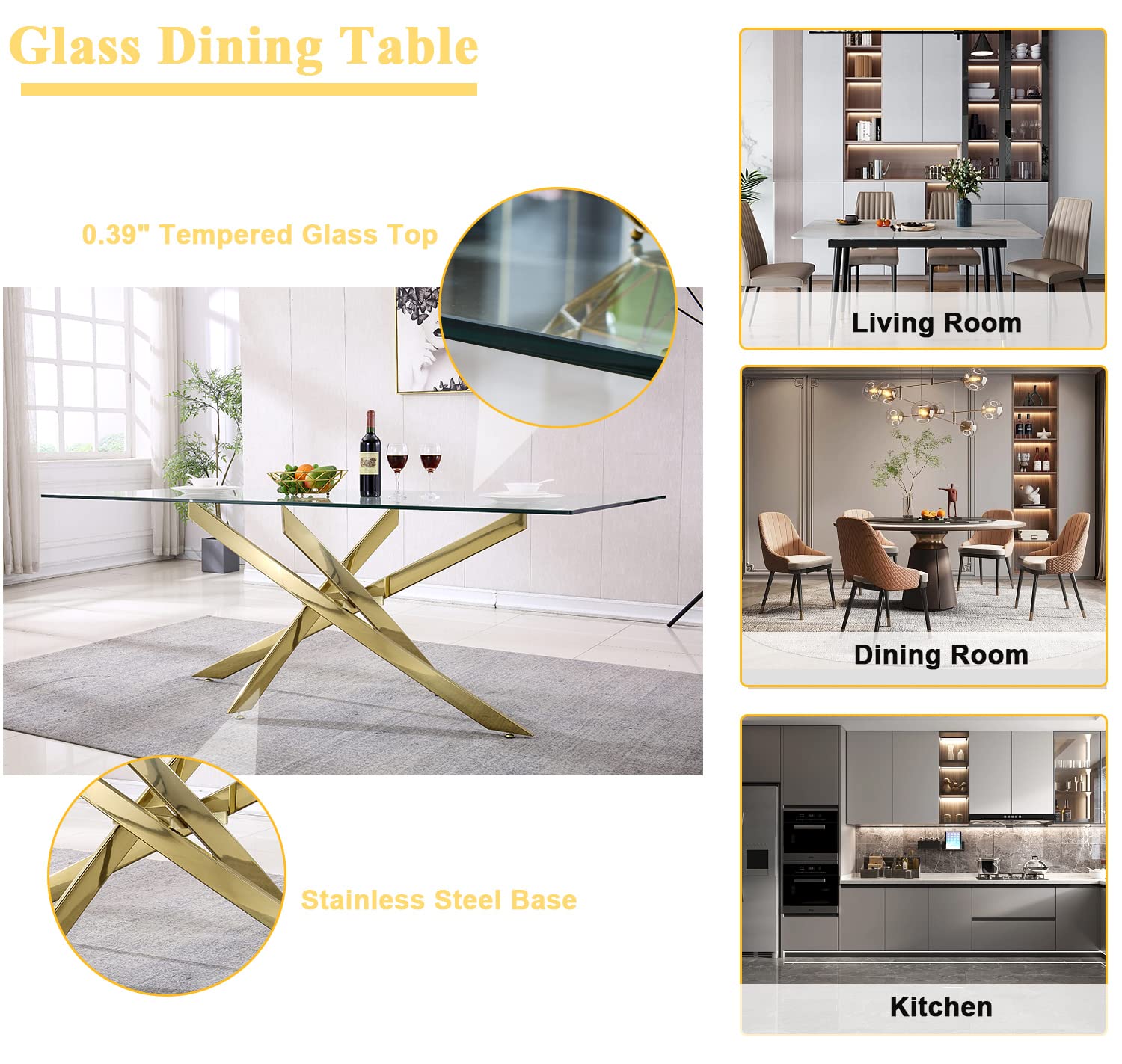 47β Round Dining Table for 4, 0.39" Tempered Glass Dining Table, Small Dining Table with Gold Stainless Steel Base, Round Clear Kitchen Table Writing Table Desk for Dining Kitchen