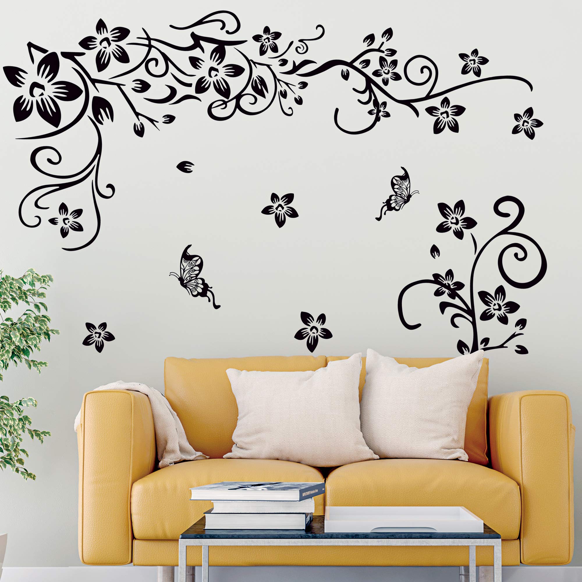 RW-027 Removable Black Vinyl Flower Vines Wall Decal Butterfly Wall Stickers Floral Wall Decor 3D Peel and Stick Art for Girls Bedroom Nursery Living Room Kids Babys Rooms Classroom Wall Decoration
