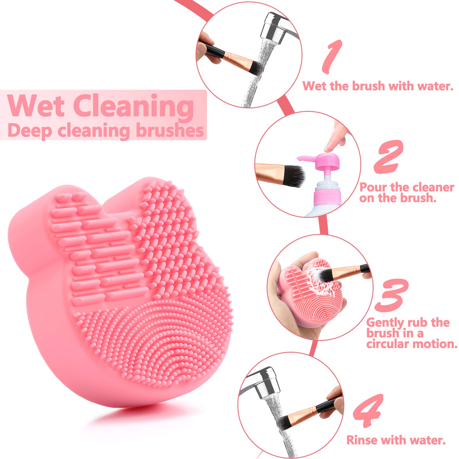 TailaiMei 2 Pack Makeup Brush Cleaning Mat with Color Removal Sponge, 2 in 1 Design Silicone Cleaner Pad for Dry Brush Color Switch and Wet Cleaning (Pink&Purple)