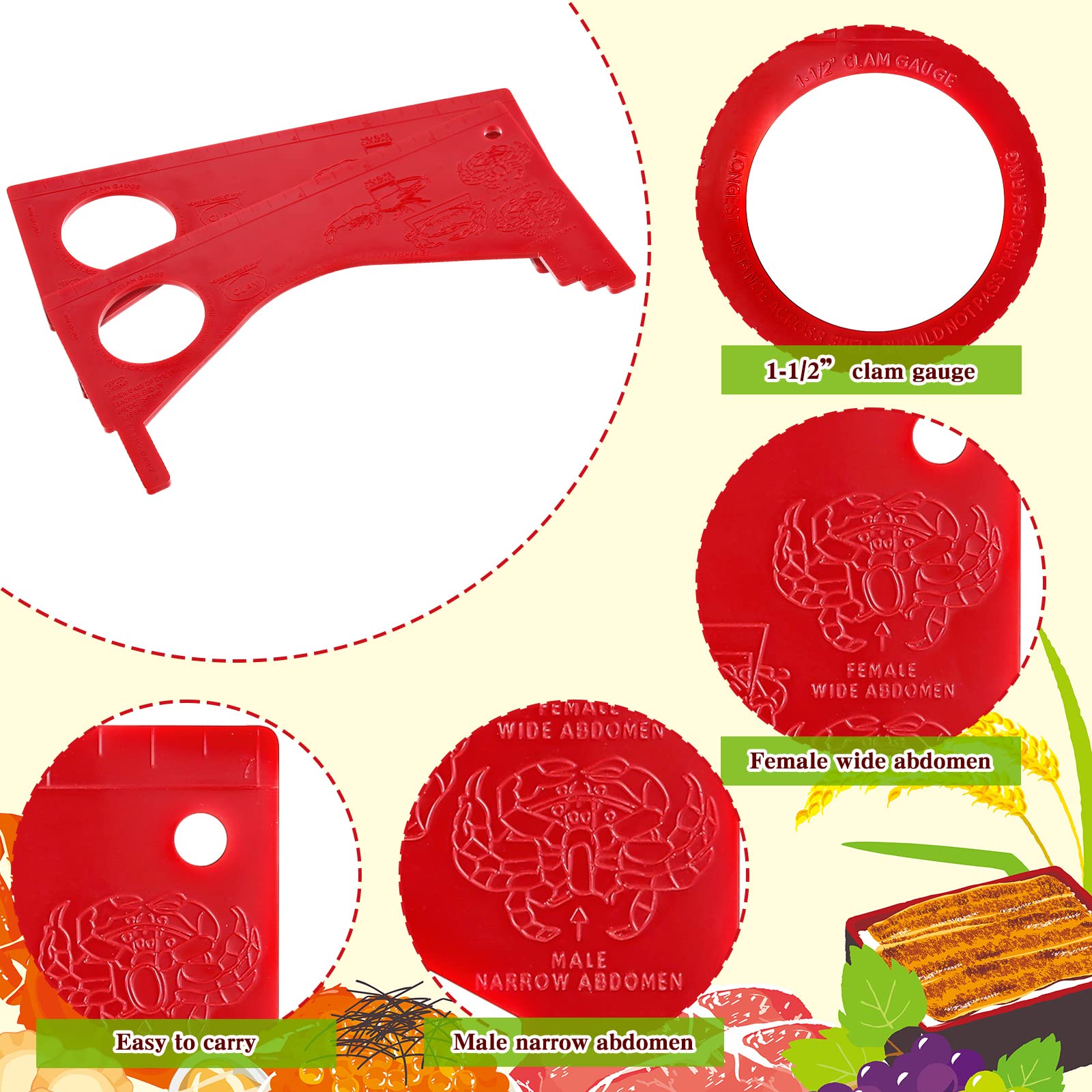 Kathfly 4 Pcs Dungeness Crab Gauge Measure Clam Measuring Tool for Multi Shrimps Lobster Shellfish, Red