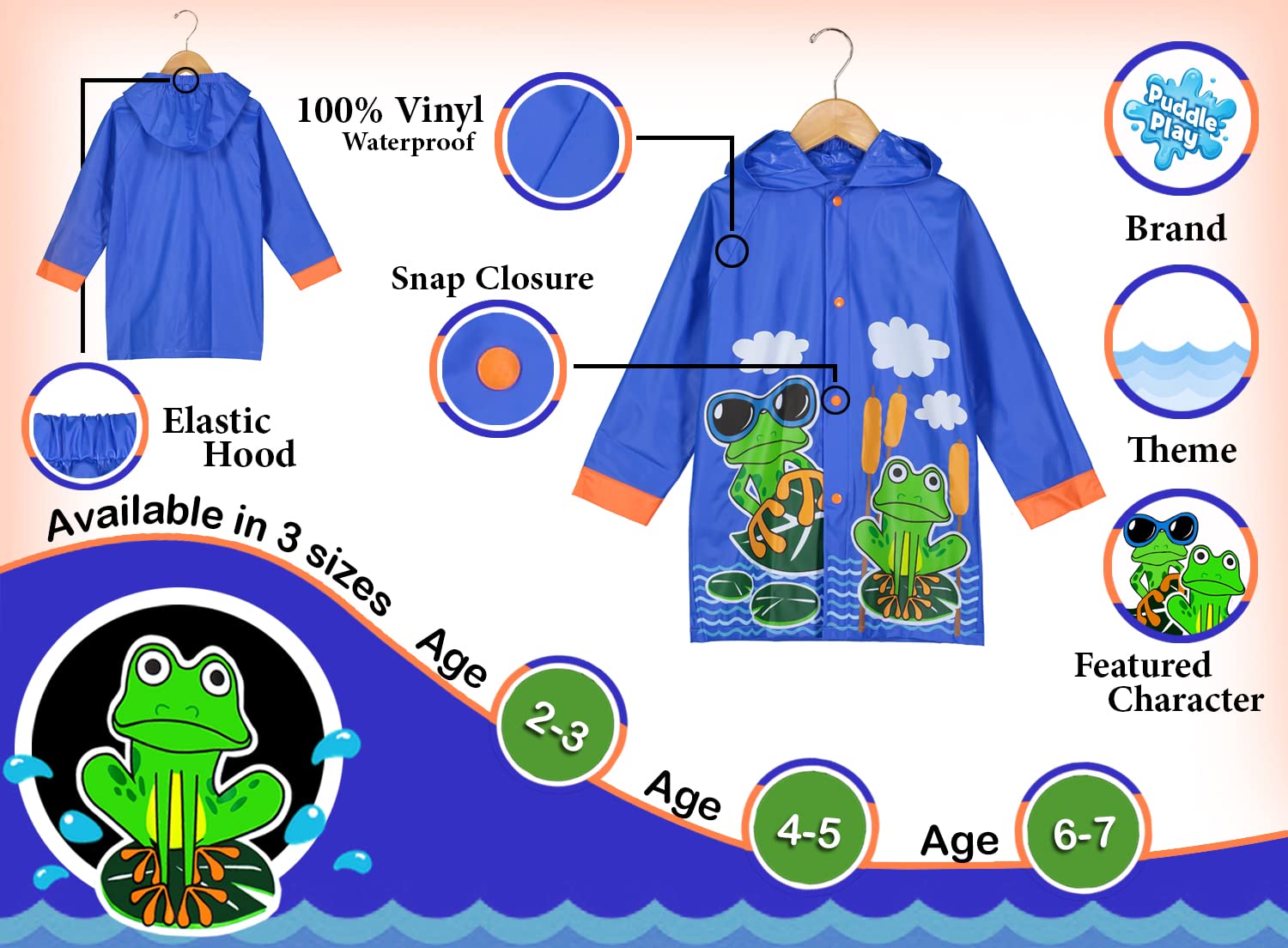 Puddle Play Little Boys Frog Rain Slicker Outwear Hooded - Size 4-5