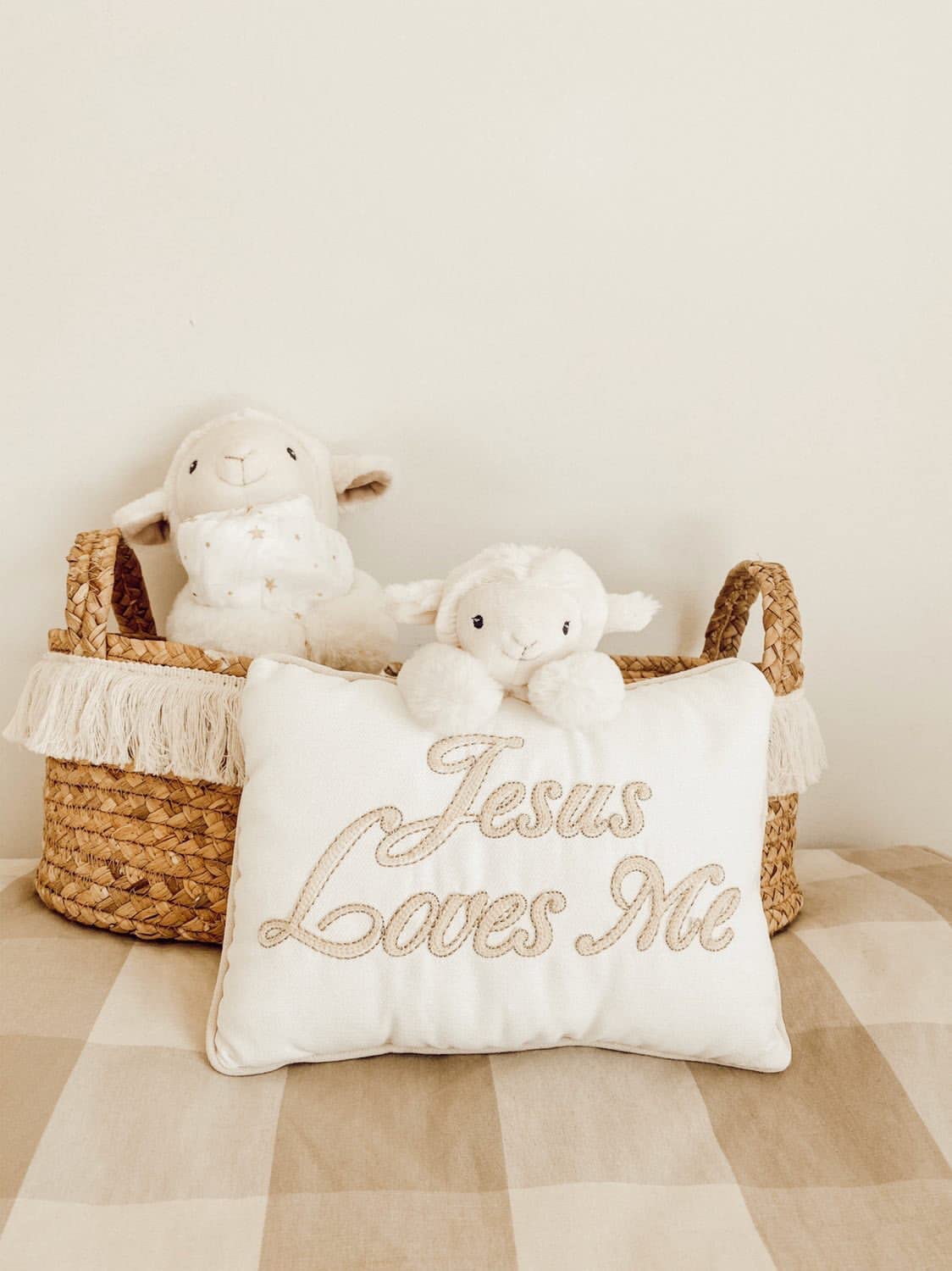Mon Ami "Jesus Loves Me" Lamb Designer Plush Throw Pillow – 11x8”, Baby Christening Gift, Religious Gift, Dedication, Baptism Gift, Cute Room Décor