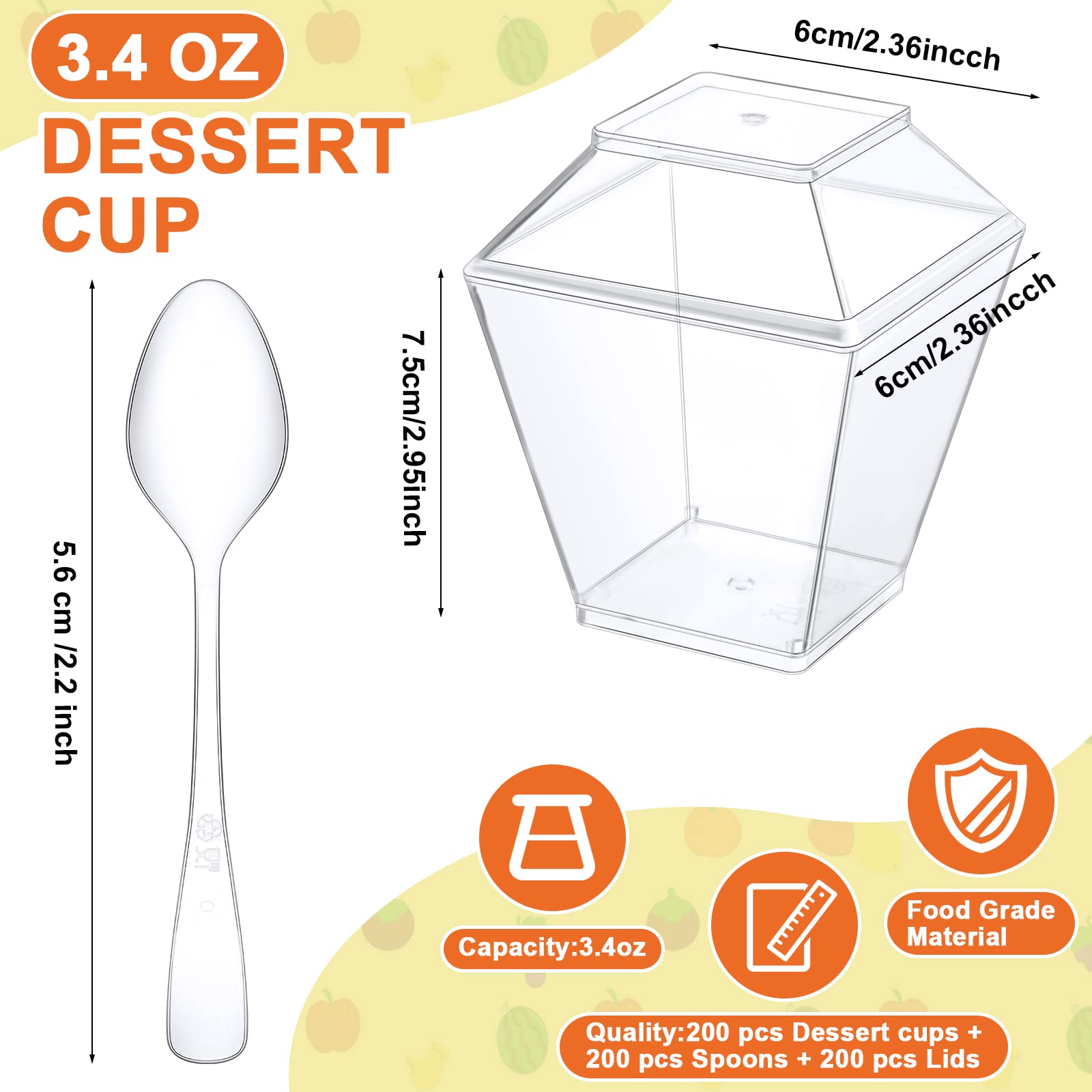 600 Pcs 3.4 oz Plastic Dessert Cups Parfait Cups with Lids and Spoons Mini Appetizer Cups Clear Square Disposable Cups Dessert for Pudding Fruit Ice Cream Wedding Baby Shower Birthday Decorations