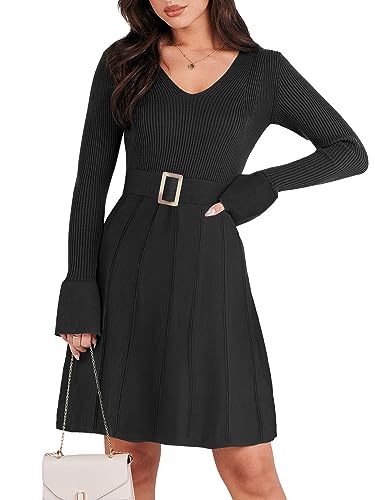 ANRABESS Sweater Dress for Women 2023 Fall Fashion Long Sleeve V Neck Tie Waist A-Line Pleated Swing Sexy Elegant Ribbed Knit Midi Formal Wedding Guest Dresses 1195heise-M Black