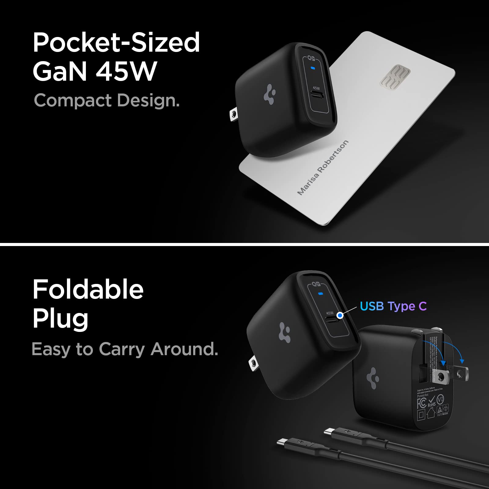 USB C Charger, Spigen [GaN Fast] 45W PD 25W PPS Super Fast Charge Type C for Galaxy S25 Ultra S25 Plus S25 S24 Z Fold Flip 6 5 4 Pixel Fold 8 8a Pro 7 Tab S9 iPad (Cable Included/Foldable Plug)
