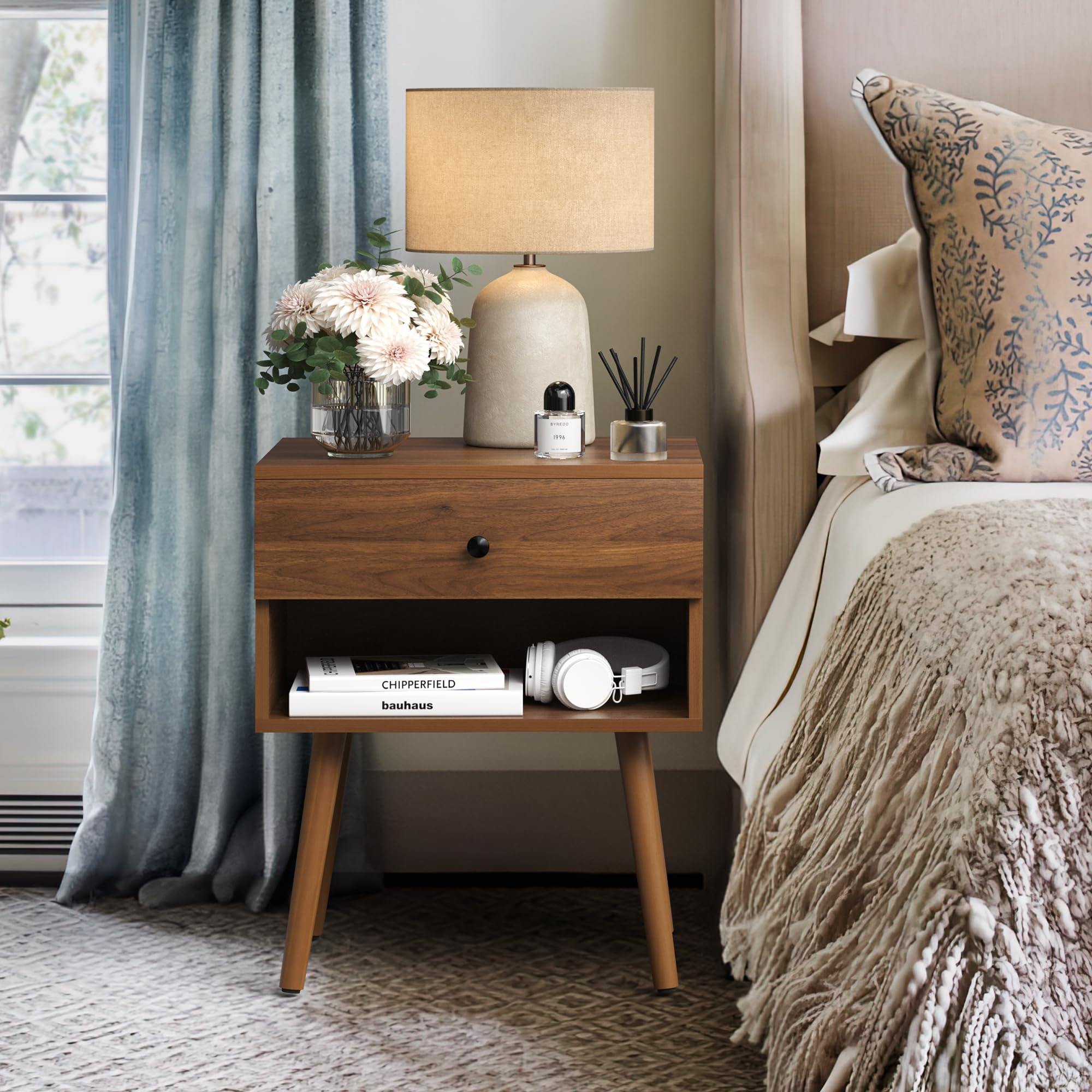 Mazefur Hidden Compartment Night Stand Set 2, Mid Century Modern Concealment Furniture, End Table with Storage Drawer, Bedside Table with Wood Legs for Bedroom (2,Walnut)