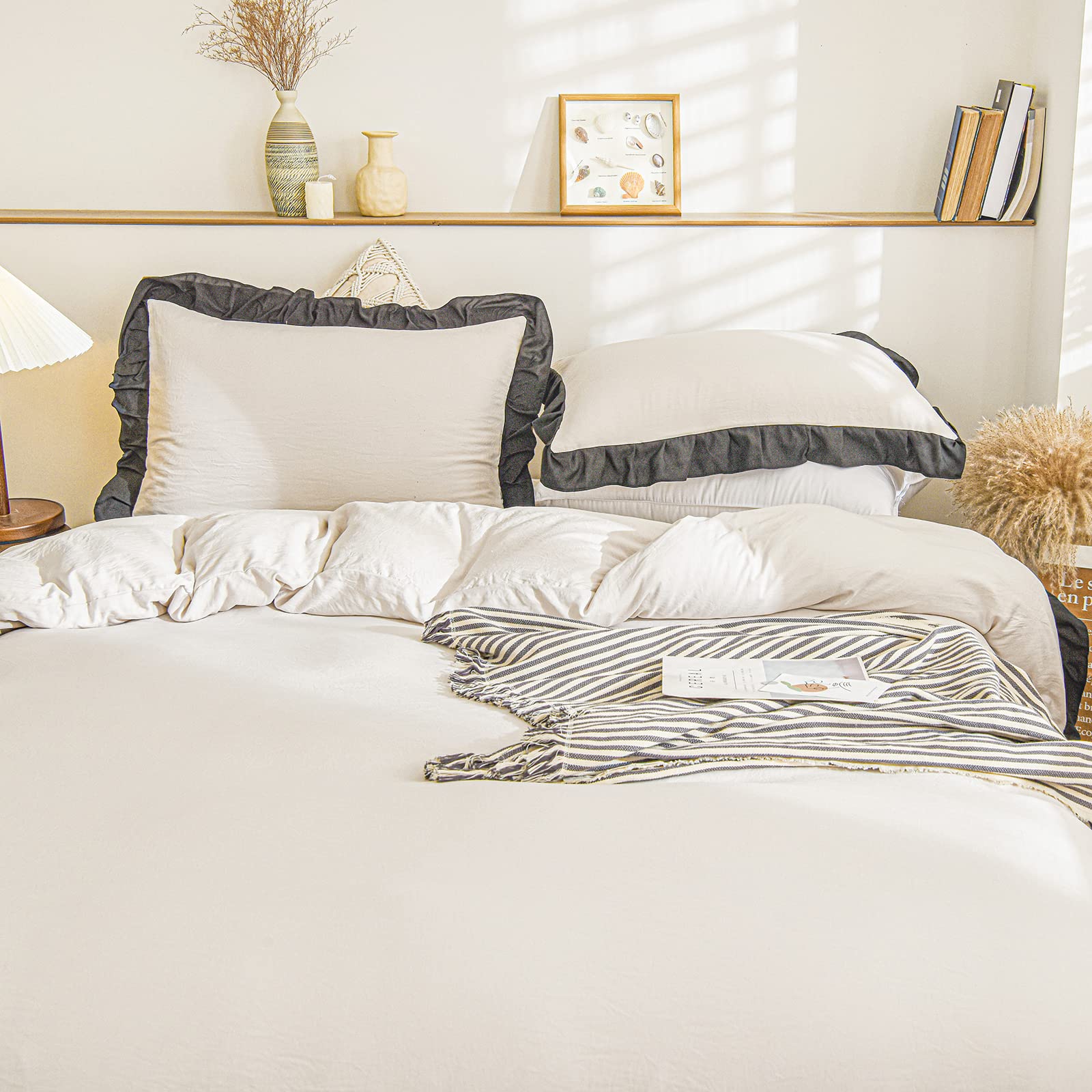 Ruffle Bedding Set Beige Duvet Cover Set 100% Washed Microfiber Breathable Soft Cream Grey Pattern Shabby Chic Ruffle Fringe Duvet Cover Set King 1 Duvet Cover 2 Pillowcases (No Comforter Included)