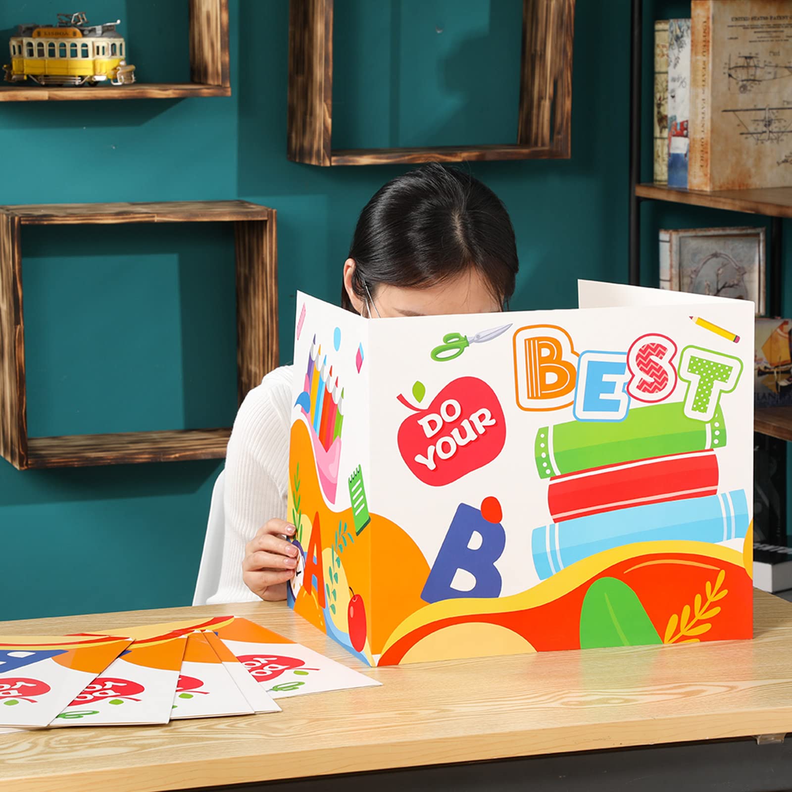 48 Pack Privacy Boards for Students Classroom Shields Cardboard Desk Dividers Trifold Test Privacy Folders Desk Partition Panel with Motivational Messages for Home School Supplies (Stylish Style)