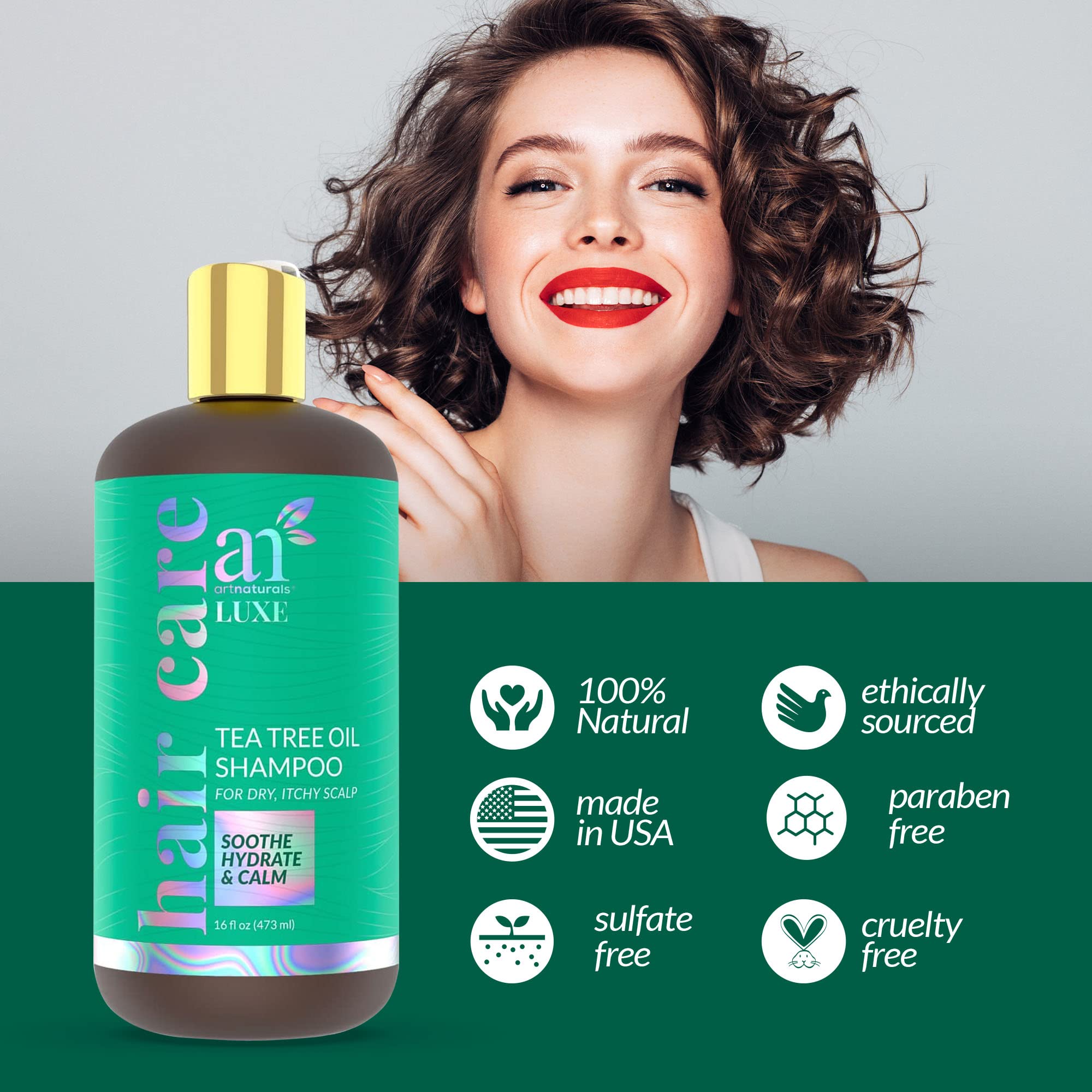 Artnaturals LUXE Tea Tree Shampoo - (16 Fl Oz / 473ml) - Sulfate Free β Made with 100% Pure Therapeutic Grade Tea Tree Essential Oil for Dandruff and Itchy Scalp