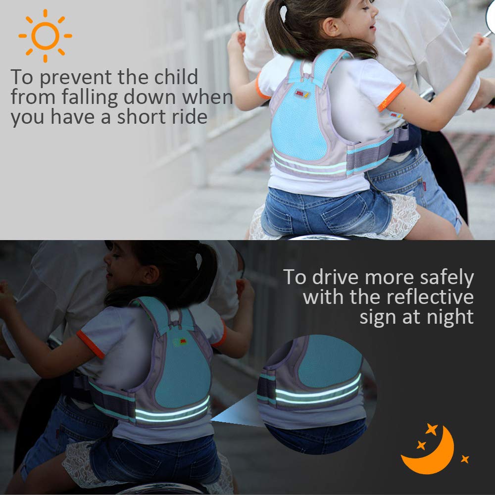 Jolik Child Motorcycle Safety Harness Reflective Strip with 4-in-1 Buckle, Breathable Material - Blue