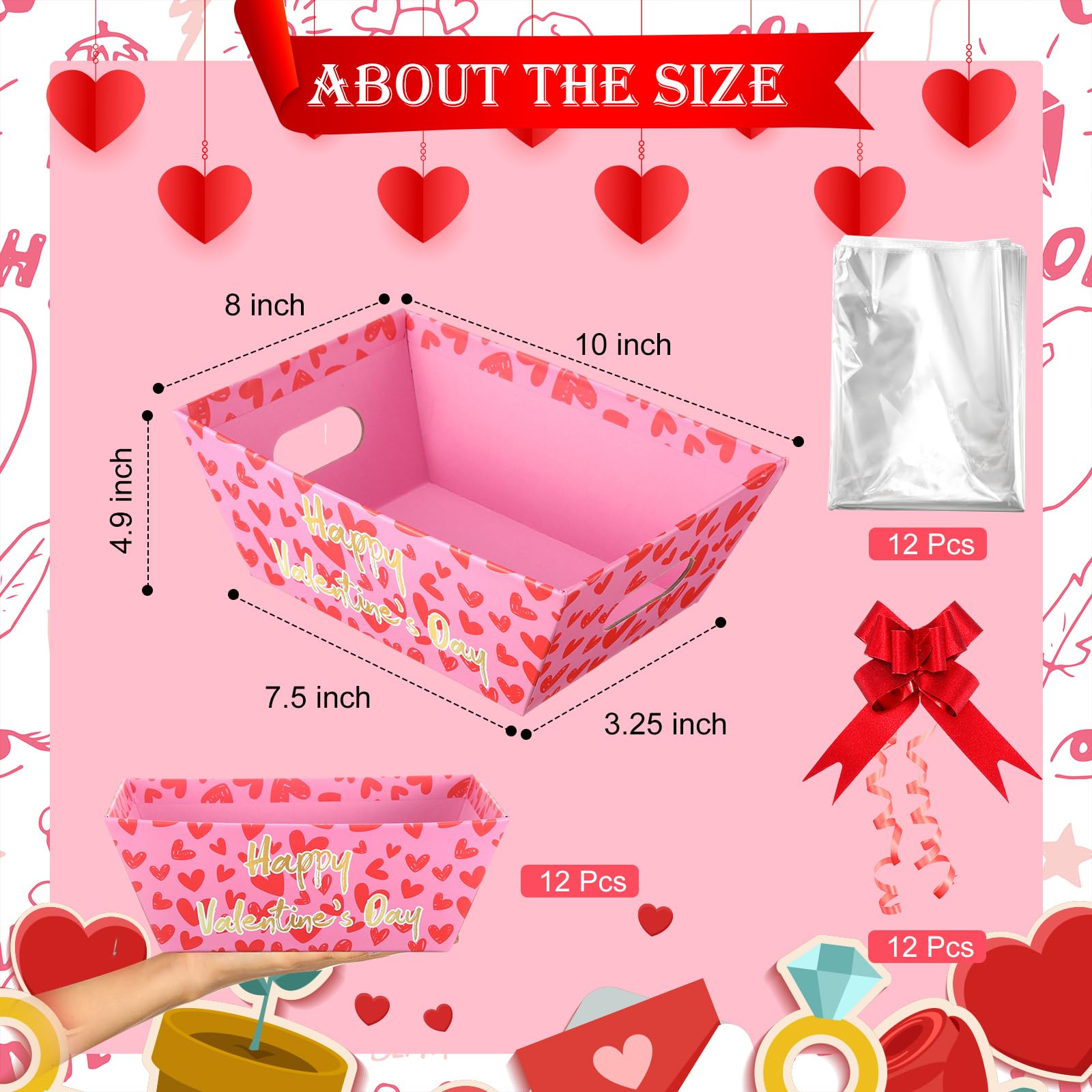 Zhanmai 12 Pcs Happy Valentine's Day Baskets for Gifts Empty with Handles Sturdy DIY Organizing Bulk Gift Medium Red Sturdy Gift Basket Kraft Market Tray Cardboard Basket for Valentine's Day Snacks