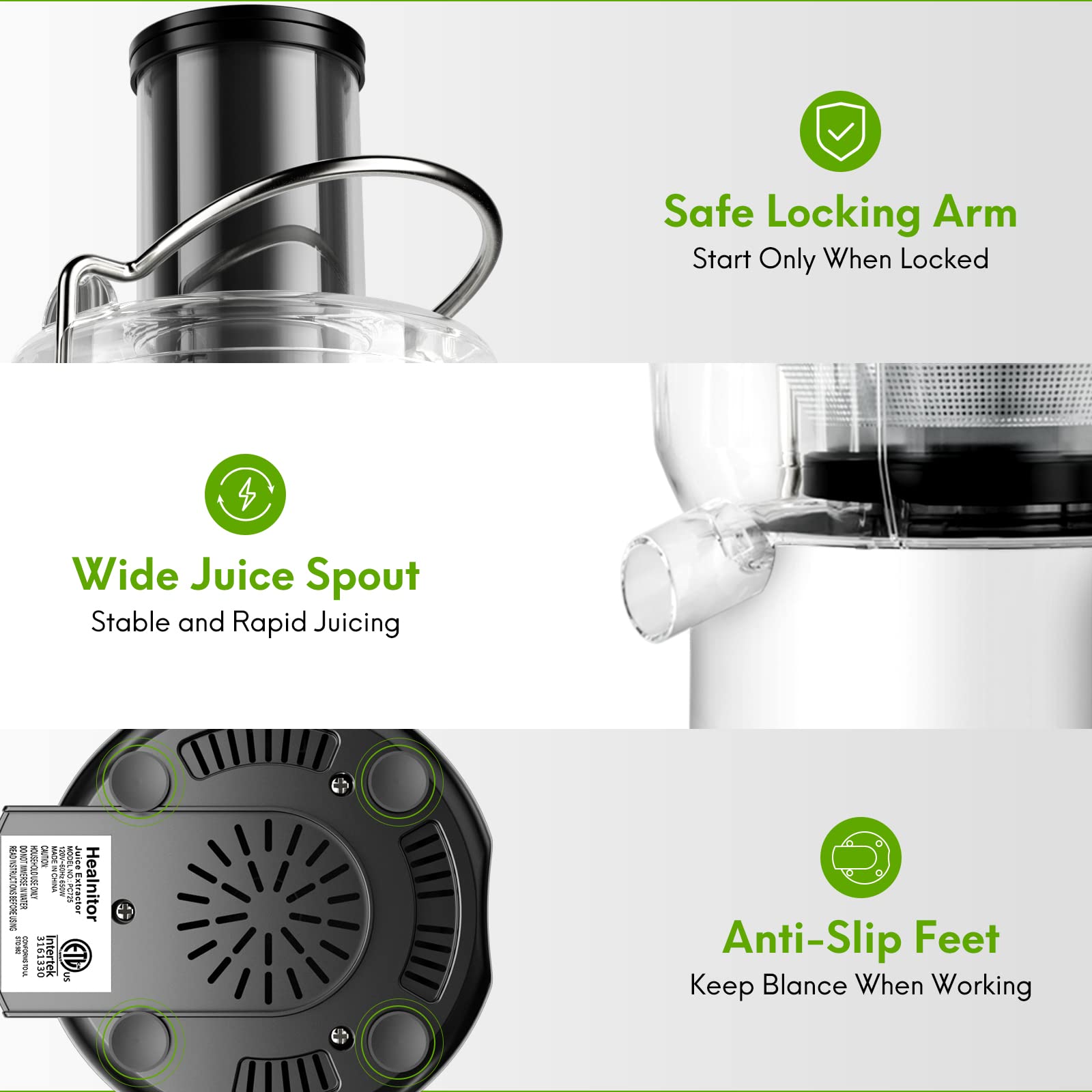 650W 3 Speeds Juicer Machines Vegetable and Fruit, Healnitor Centrifugal Juice Extractor with Wide 3β Feed Chute, Easy to Clean, BPA-Free Compact Centrifugal Juice Maker, White