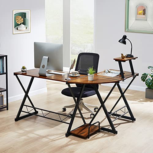 GreenForest L Shaped Desk 58β Reversible Corner Computer Desk with Movable Shelf and CPU Stand, Gaming Desk with Sturdy X Leg Space Saving Home Office Workstation Table, Walnut
