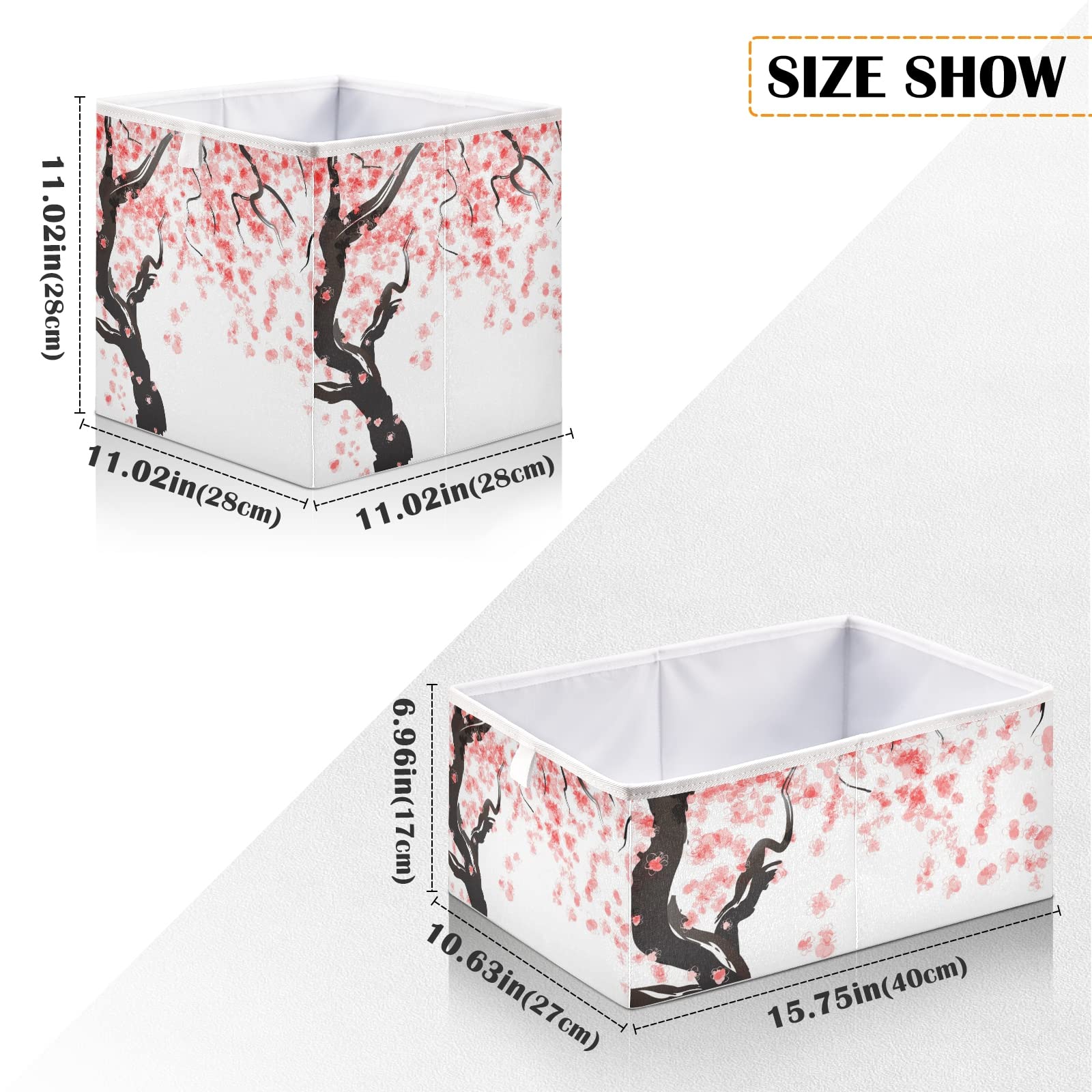 Poeticcity Red Pink Japanese Cherry Blossom Flowers Black Trunk on White Square Storage Basket Bin, Collapsible Storage Box, Foldable Nursery Baskets Organizer for Toy, Clothes Easy to Assemble