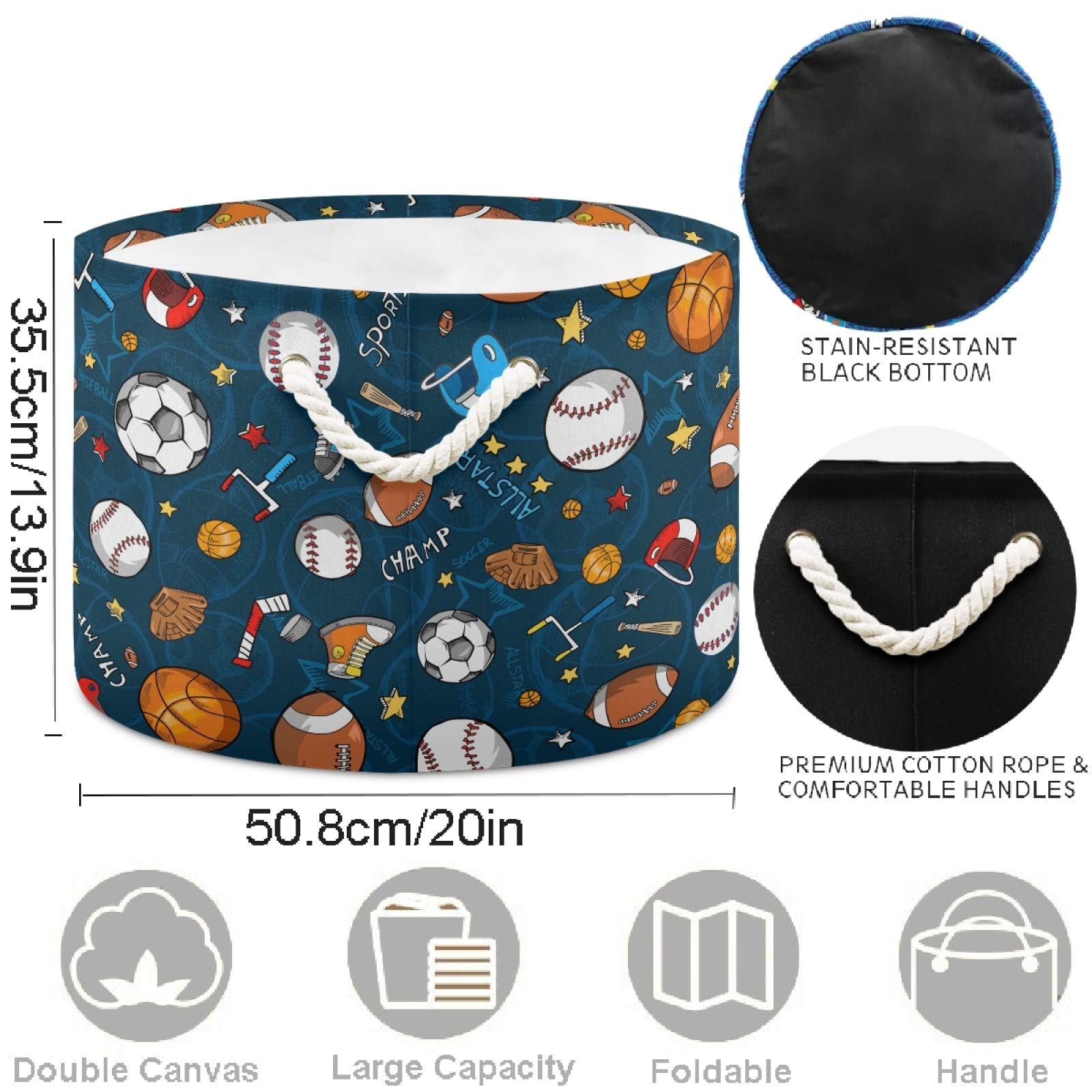 visesunny Football Baseball Sport Laundry Baskets Fabric Storage Bin Storage Box Collapsible Storage Basket Toy Clothes Shelves Basket for Bathroom,Bedroom,Nursery,Closet,Office