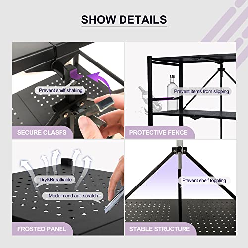 CuHome 3-Tier Foldable Storage Shelves with Wheels, Metal Folding Organizer Rack, Collapsible Shelves Heavy Duty Shelving Units for Kitchen Garage (3-Tier)