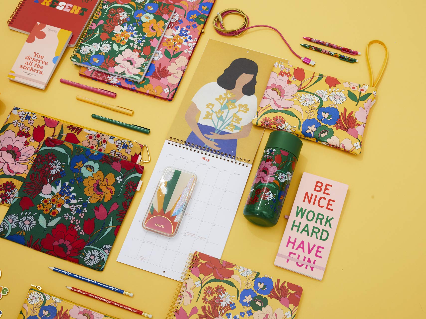 ban.do Yellow Floral Get It Together Leatherette Wristlet Pouch, 10" x 7", Superbloom