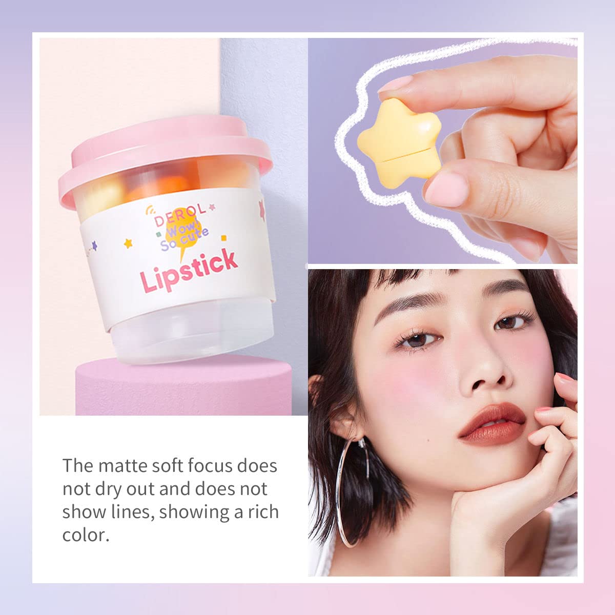 6-Color Mini Matte Color Star Capsule Lipstick set. Mini Long Lasting Non Stick Cups .Velvet Portable Star Candy Colour Capsule Lipstick Set. Suitable For All Kinds Of Occasions, PINK