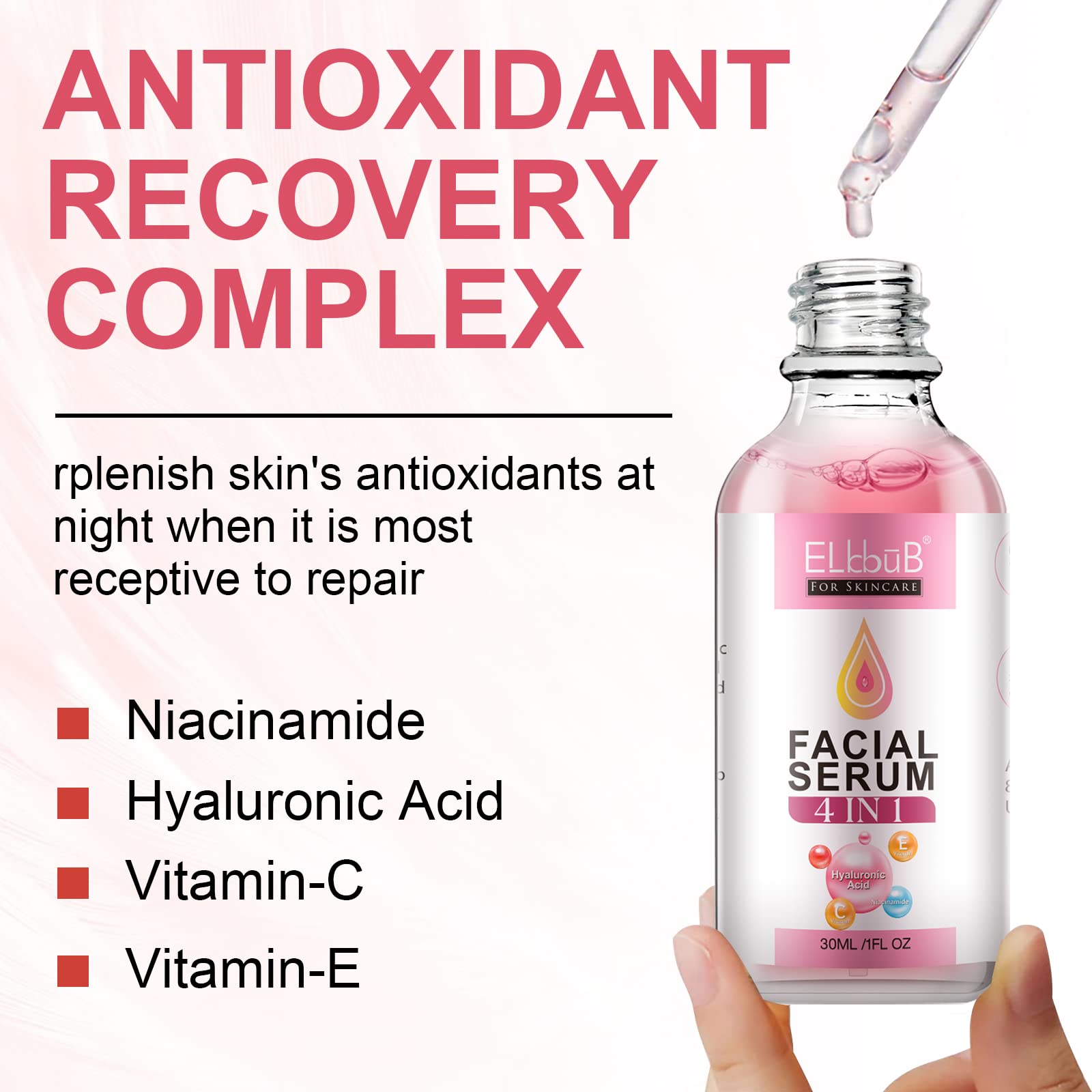 4-in-1 Facial Serum - Niacinamide, Vitamin C & E, Hyaluronic Acid for Anti-Aging, 1 fl oz